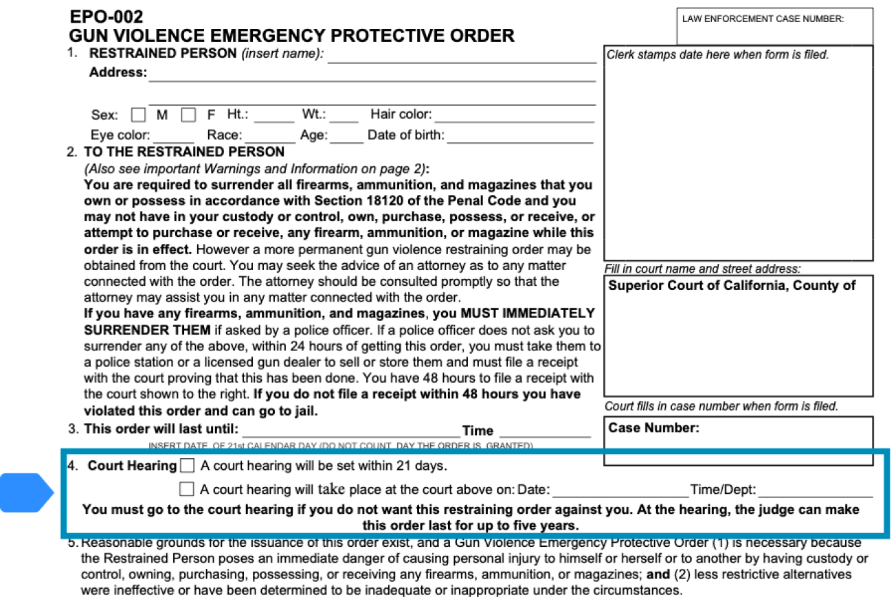 Gun Violence Emergency Protective Order (EPO-002) | California Courts | Self Help Guide