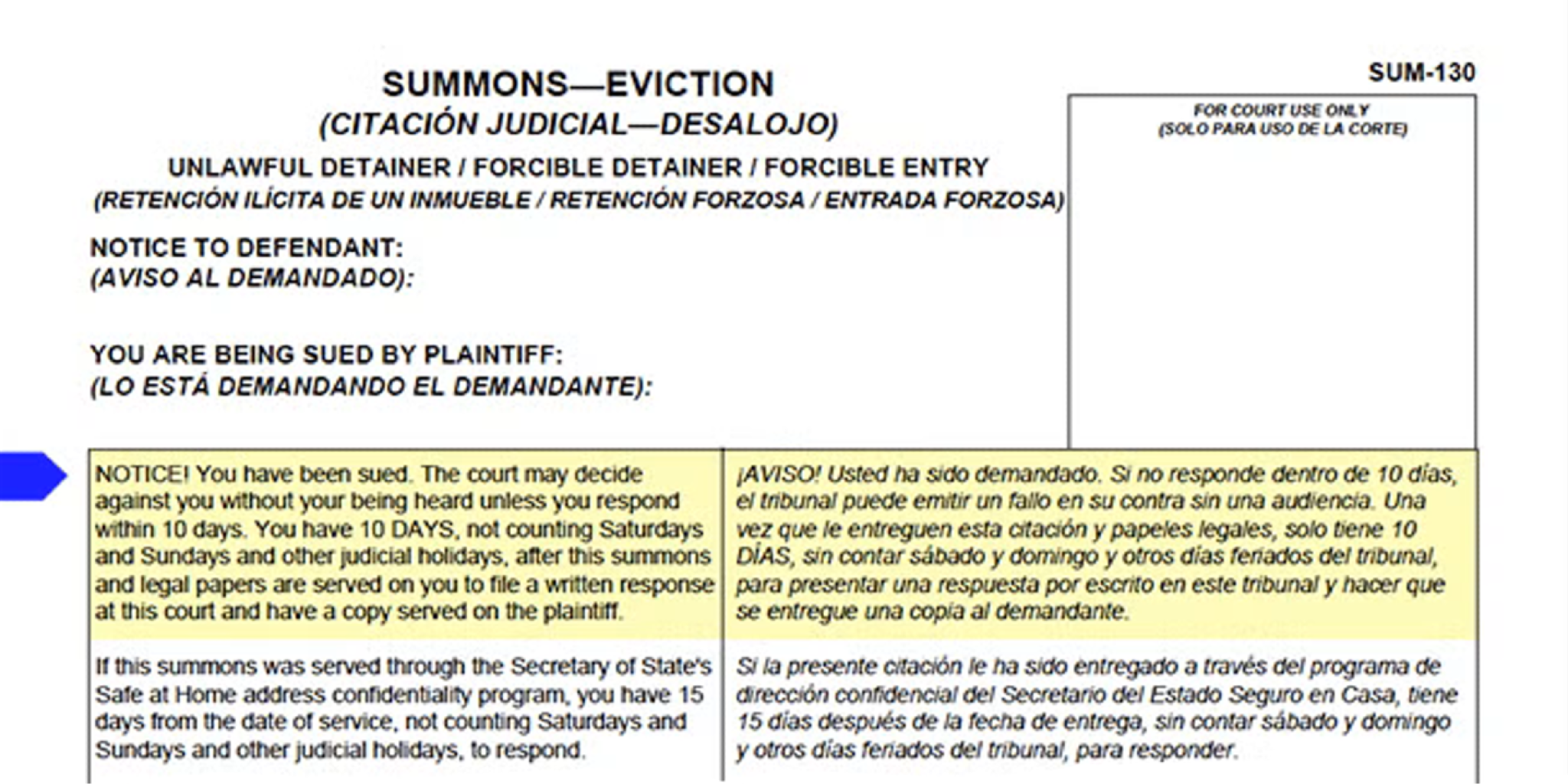 Summons-Unlawful Detainer-Eviction (form SUM-130) | California Courts ...